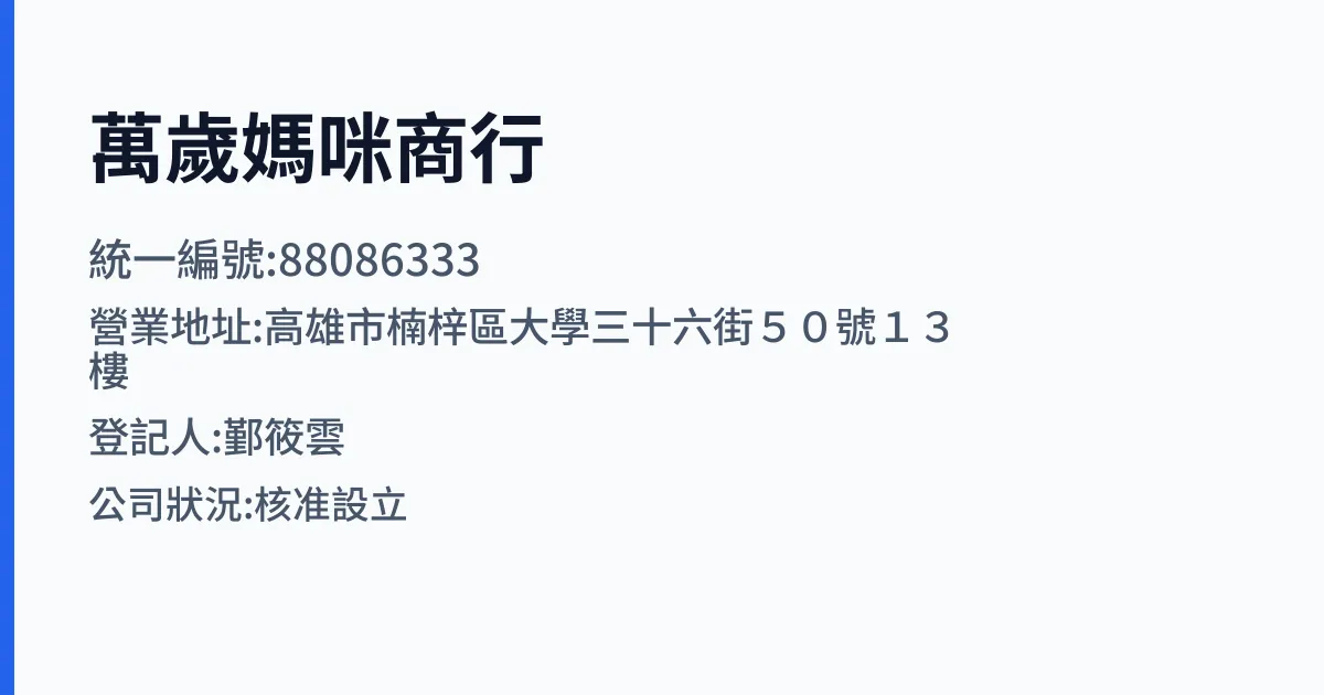 萬歲媽咪商行 - 統編 88086333(高雄市) 公司登記資料與營業項目詳細圖表