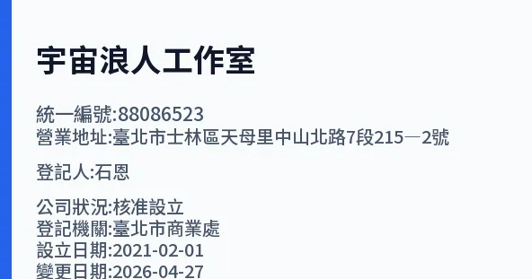 宇宙浪人工作室的照片-統編 88086523(臺北市) 公司登記資料與營業項目詳細圖表