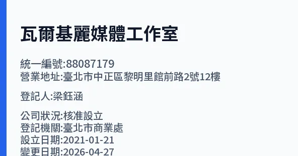 瓦爾基麗媒體工作室的照片-統編 88087179(臺北市) 公司登記資料與營業項目詳細圖表