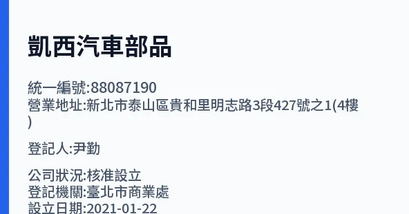 凱西汽車部品的照片-統編 88087190(新北市) 公司登記資料與營業項目詳細圖表