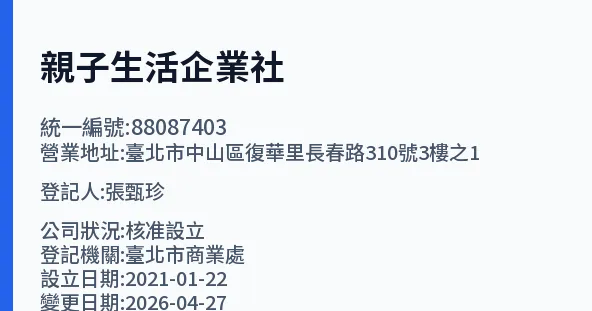 親子生活企業社的照片-統編 88087403(臺北市) 公司登記資料與營業項目詳細圖表