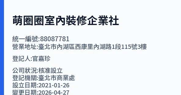 萌圈圈室內裝修企業社的照片-統編 88087781(臺北市) 公司登記資料與營業項目詳細圖表