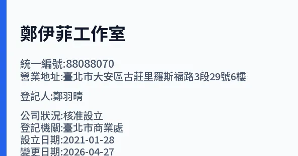 鄭伊菲工作室的照片-統編 88088070(臺北市) 公司登記資料與營業項目詳細圖表