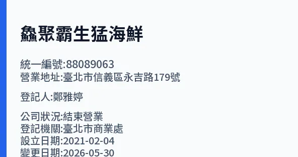 鱻聚霸生猛海鮮的照片-統編 88089063(臺北市) 公司登記資料與營業項目詳細圖表