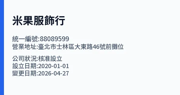 米果服飾行的照片-統編 88089599(臺北市) 公司登記資料與營業項目詳細圖表