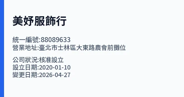 美妤服飾行的照片-統編 88089633(臺北市) 公司登記資料與營業項目詳細圖表