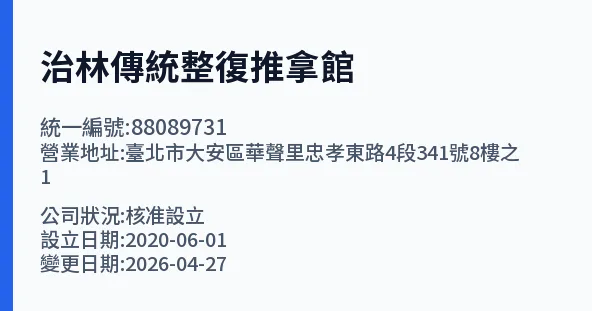 治林傳統整復推拿館的照片-統編 88089731(臺北市) 公司登記資料與營業項目詳細圖表