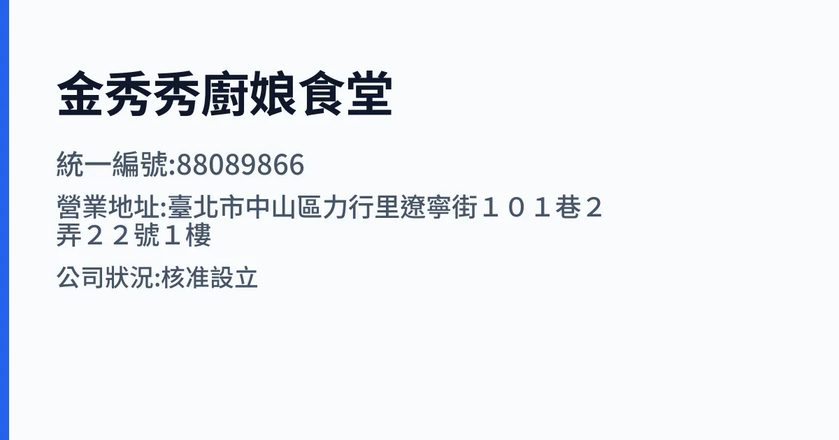 金秀秀廚娘食堂 - 統編 88089866(臺北市) 公司登記資料與營業項目詳細圖表