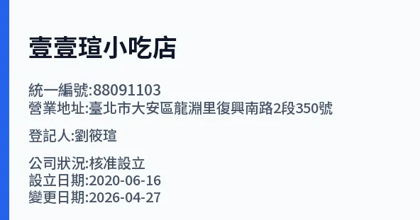 壹壹瑄小吃店的照片-統編 88091103(臺北市) 公司登記資料與營業項目詳細圖表