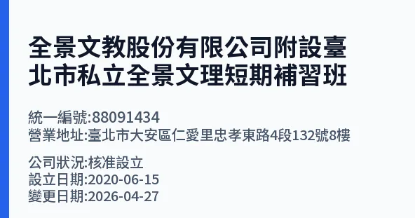 全景文教股份有限公司附設臺北市私立全景文理短期補習班的照片-統編 88091434(臺北市) 公司登記資料與營業項目詳細圖表