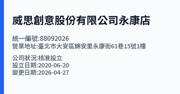 威思創意股份有限公司永康店的照片-統編 88092026(臺北市) 公司登記資料與營業項目詳細圖表