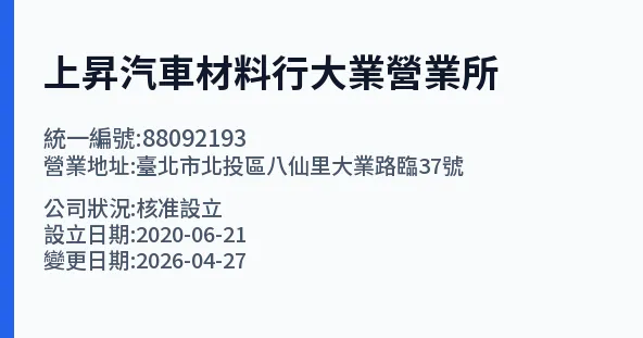 上昇汽車材料行大業營業所的照片-統編 88092193(臺北市) 公司登記資料與營業項目詳細圖表