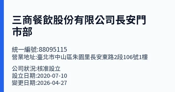 三商餐飲股份有限公司長安門市部的照片-統編 88095115(臺北市) 公司登記資料與營業項目詳細圖表
