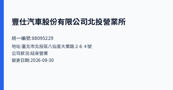 豐仕汽車股份有限公司北投營業所的照片-統編 88095229(臺北市) 公司登記資料與營業項目詳細圖表