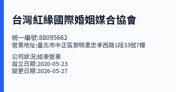 台灣紅緣國際婚姻媒合協會的照片-統編 88095662(臺北市) 公司登記資料與營業項目詳細圖表