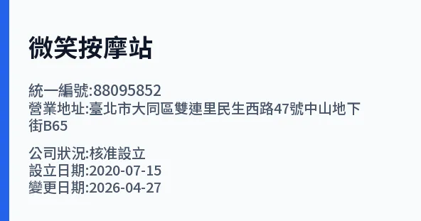 微笑按摩站的照片-統編 88095852(臺北市) 公司登記資料與營業項目詳細圖表