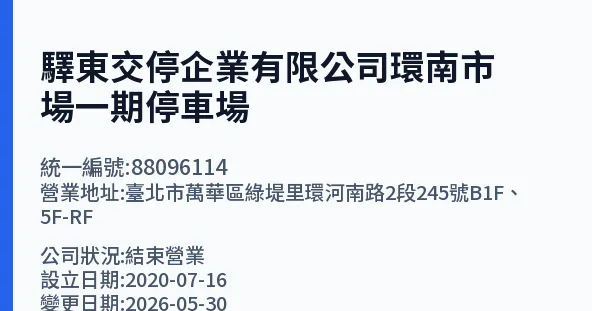 驛東交停企業有限公司環南市場一期停車場的照片-統編 88096114(臺北市) 公司登記資料與營業項目詳細圖表