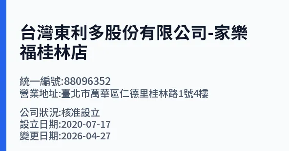 台灣東利多股份有限公司-家樂福桂林店的照片-統編 88096352(臺北市) 公司登記資料與營業項目詳細圖表