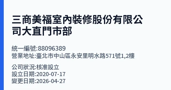 三商美福室內裝修股份有限公司大直門市部的照片-統編 88096389(臺北市) 公司登記資料與營業項目詳細圖表