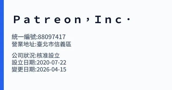Ｐａｔｒｅｏｎ，Ｉｎｃ．的照片-統編 88097417(臺北市) 公司登記資料與營業項目詳細圖表