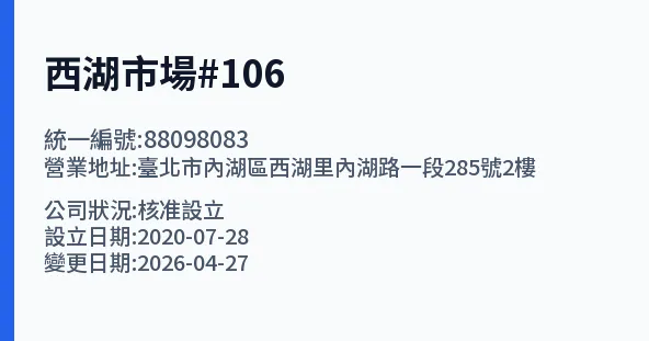 西湖市場#106的照片-統編 88098083(臺北市) 公司登記資料與營業項目詳細圖表
