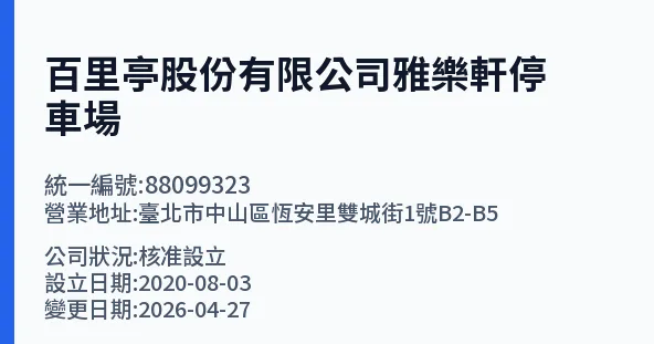 百里亭股份有限公司雅樂軒停車場的照片-統編 88099323(臺北市) 公司登記資料與營業項目詳細圖表