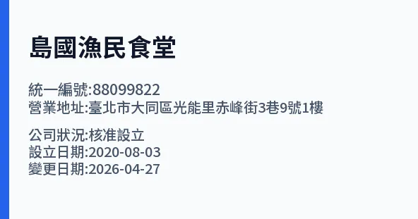 島國漁民食堂的照片-統編 88099822(臺北市) 公司登記資料與營業項目詳細圖表