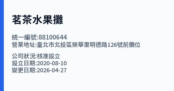茗茶水果攤的照片-統編 88100644(臺北市) 公司登記資料與營業項目詳細圖表