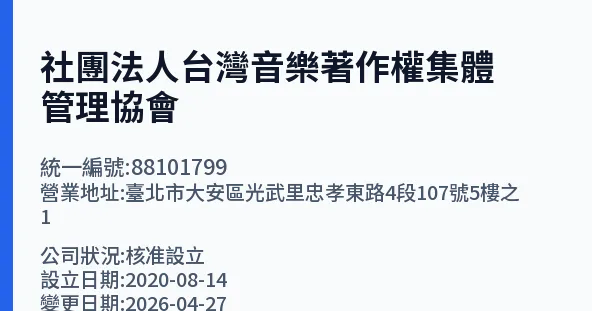 社團法人台灣音樂著作權集體管理協會的照片-統編 88101799(臺北市) 公司登記資料與營業項目詳細圖表