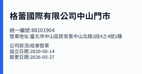 格蕾國際有限公司中山門市的照片-統編 88101904(臺北市) 公司登記資料與營業項目詳細圖表