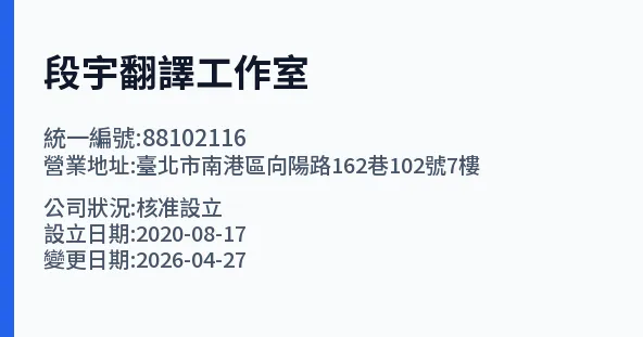 段宇翻譯工作室的照片-統編 88102116(臺北市) 公司登記資料與營業項目詳細圖表