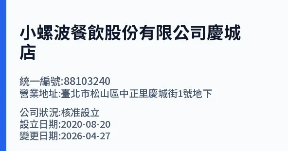 小螺波餐飲股份有限公司慶城店的照片-統編 88103240(臺北市) 公司登記資料與營業項目詳細圖表