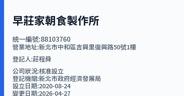 早莊家朝食製作所的照片-統編 88103760(新北市) 公司登記資料與營業項目詳細圖表
