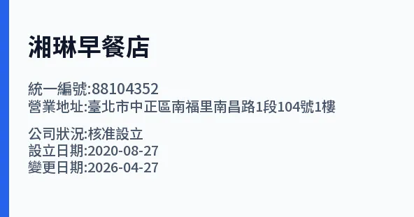 湘琳早餐店的照片-統編 88104352(臺北市) 公司登記資料與營業項目詳細圖表