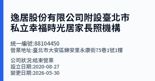 逸居股份有限公司附設臺北市私立幸福時光居家長照機構的照片-統編 88104450(臺北市) 公司登記資料與營業項目詳細圖表