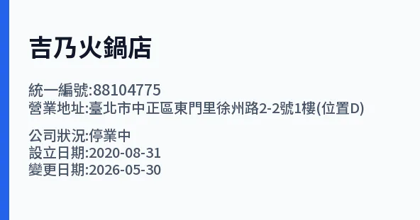 吉乃火鍋店的照片-統編 88104775(臺北市) 公司登記資料與營業項目詳細圖表