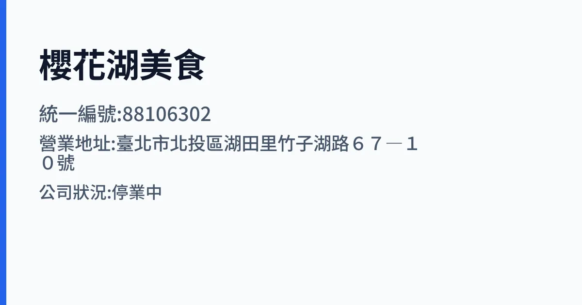 櫻花湖美食 - 統編 88106302(臺北市) 公司登記資料與營業項目詳細圖表