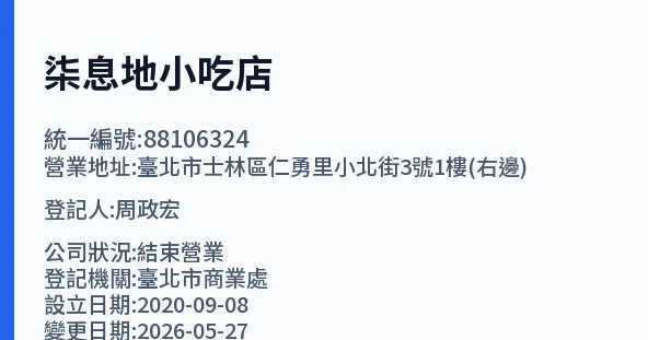 柒息地小吃店的照片-統編 88106324(臺北市) 公司登記資料與營業項目詳細圖表