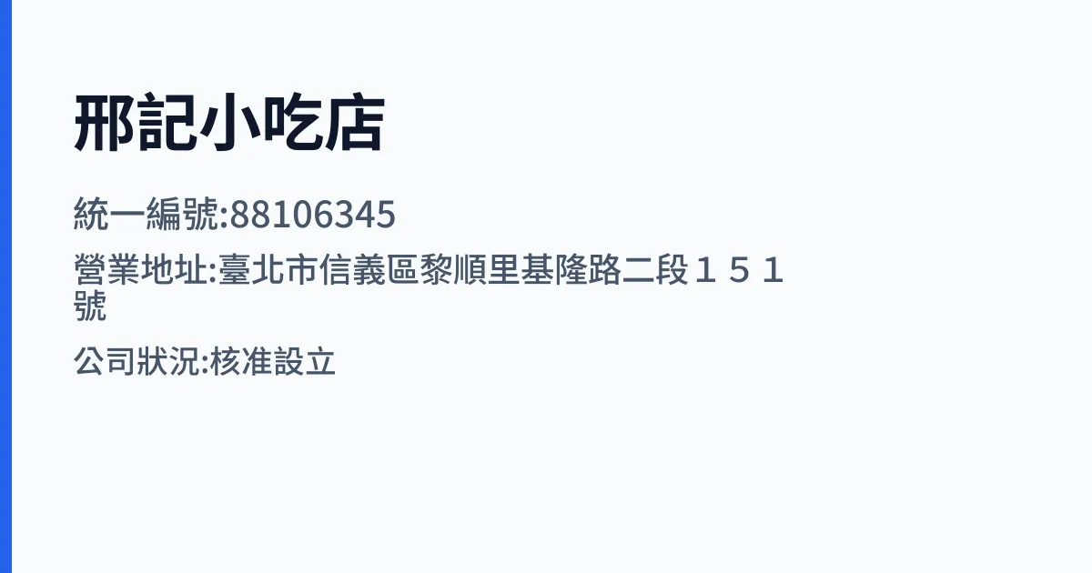 邢記小吃店 - 統編 88106345(臺北市) 公司登記資料與營業項目詳細圖表