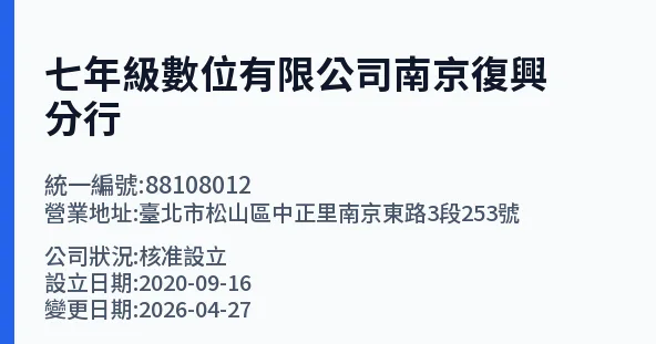 七年級數位有限公司南京復興分行的照片-統編 88108012(臺北市) 公司登記資料與營業項目詳細圖表