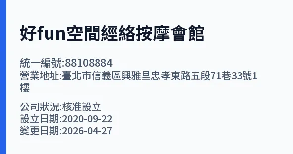 好fun空間經絡按摩會館的照片-統編 88108884(臺北市) 公司登記資料與營業項目詳細圖表