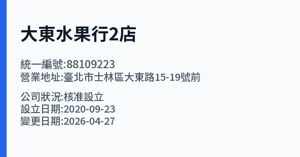 大東水果行2店的照片-統編 88109223(臺北市) 公司登記資料與營業項目詳細圖表