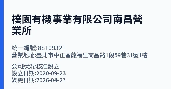 樸園有機事業有限公司南昌營業所的照片-統編 88109321(臺北市) 公司登記資料與營業項目詳細圖表