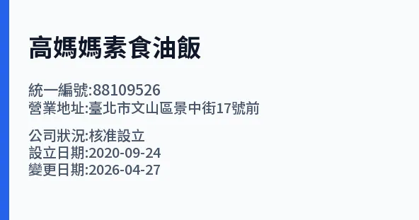 高媽媽素食油飯的照片-統編 88109526(臺北市) 公司登記資料與營業項目詳細圖表