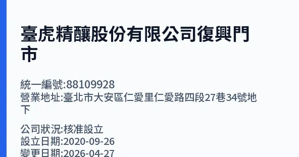 臺虎精釀股份有限公司復興門市的照片-統編 88109928(臺北市) 公司登記資料與營業項目詳細圖表
