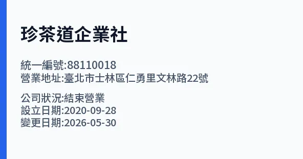 珍茶道企業社的照片-統編 88110018(臺北市) 公司登記資料與營業項目詳細圖表