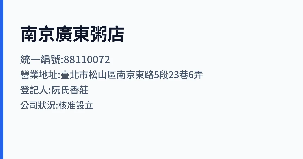 南京廣東粥店 - 統編 88110072(臺北市) 公司登記資料與營業項目詳細圖表