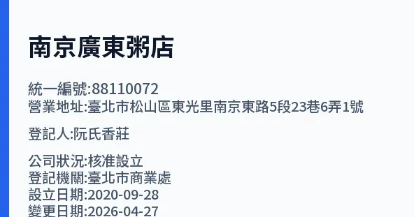 南京廣東粥店的照片-統編 88110072(臺北市) 公司登記資料與營業項目詳細圖表