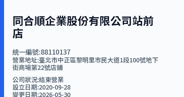 同合順企業股份有限公司站前店的照片-統編 88110137(臺北市) 公司登記資料與營業項目詳細圖表
