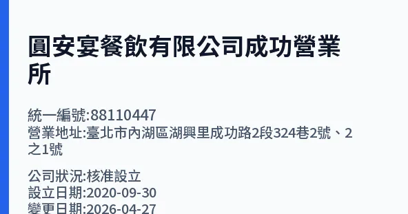 圓安宴餐飲有限公司成功營業所的照片-統編 88110447(臺北市) 公司登記資料與營業項目詳細圖表